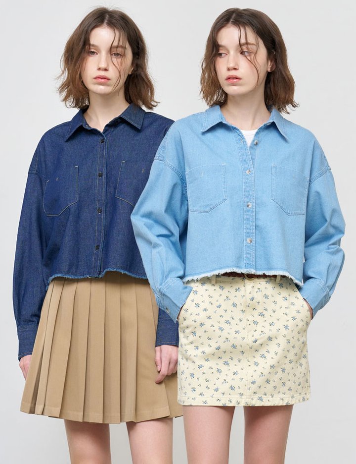 [제너럴아이디어] WOMAN 데님 워싱 세미 크롭 셔츠 2COL / WBE1L03504 - 마켓컬리